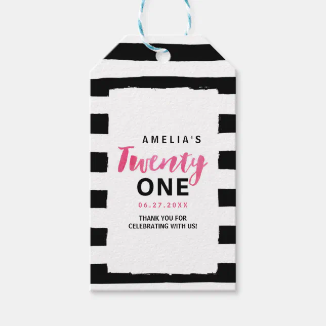 Chic Black & White Stripes Pink 21st Birthday Gift Tags | Zazzle