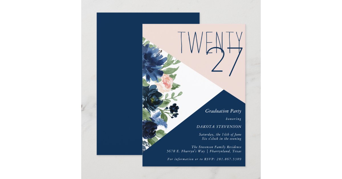 Chic Blooms | Colorblock Blush Pink and Navy Blue Invitation | Zazzle
