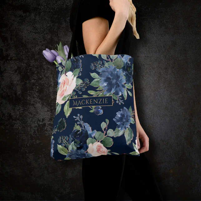 Chic Blooms | Dark Navy Blue and Blush Monogram Tote Bag | Zazzle