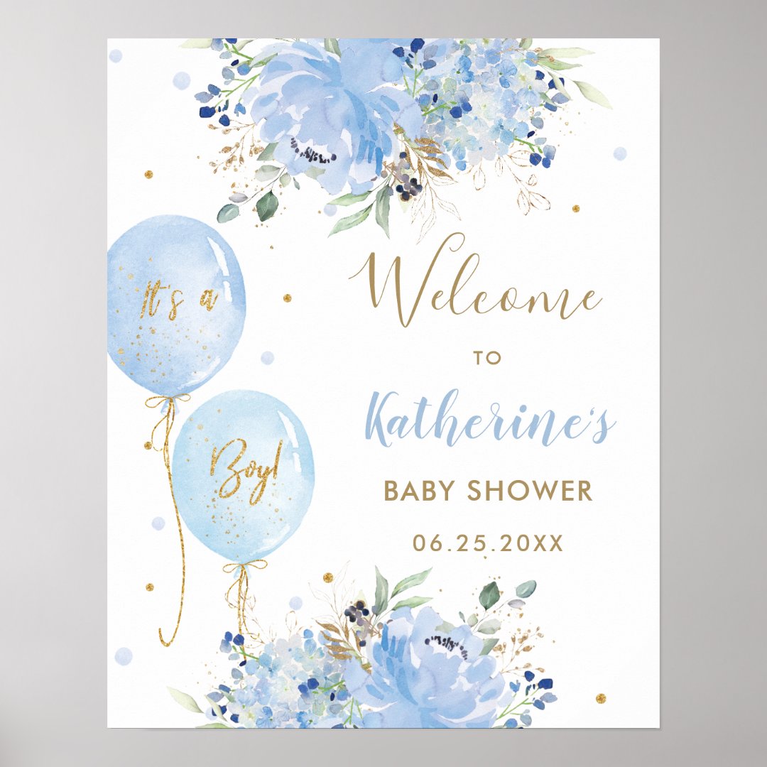 Chic Blue Balloons Floral Boy Baby Shower Welcome Poster | Zazzle