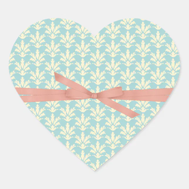Chic Blue Damask with Pink Bow Heart Sticker | Zazzle