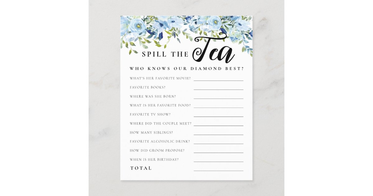 Chic Blue Floral Spill The Tea Bridal Shower Game Zazzle