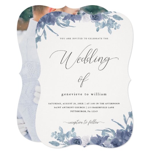 Chic Blue Floral with Calligraphy Photo Wedding Invitation | Zazzle.com