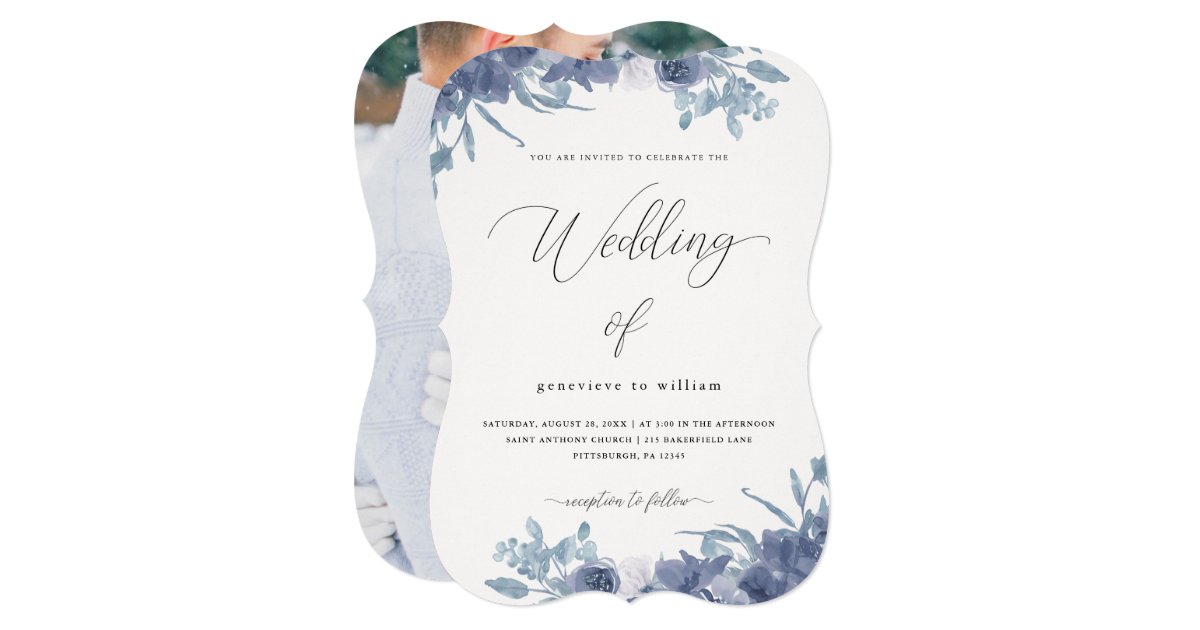 Chic Blue Floral with Calligraphy Photo Wedding Invitation | Zazzle.com
