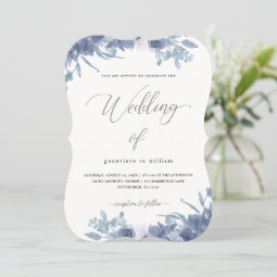 Chic Blue Floral with Calligraphy Photo Wedding Invitation | Zazzle