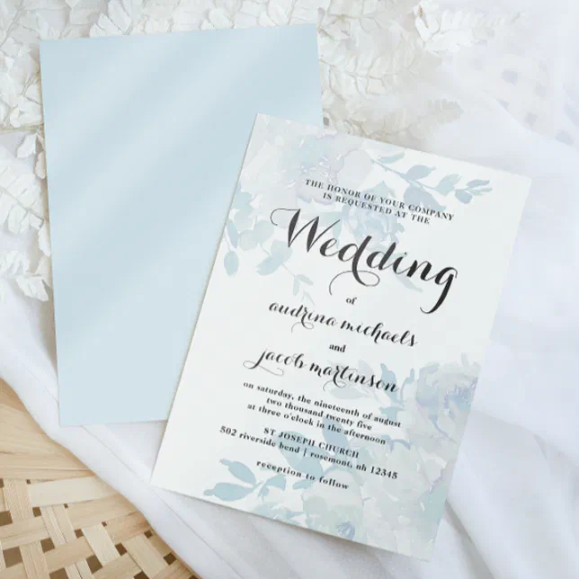Chic Blue Floral with Calligraphy Wedding Invitation | Zazzle