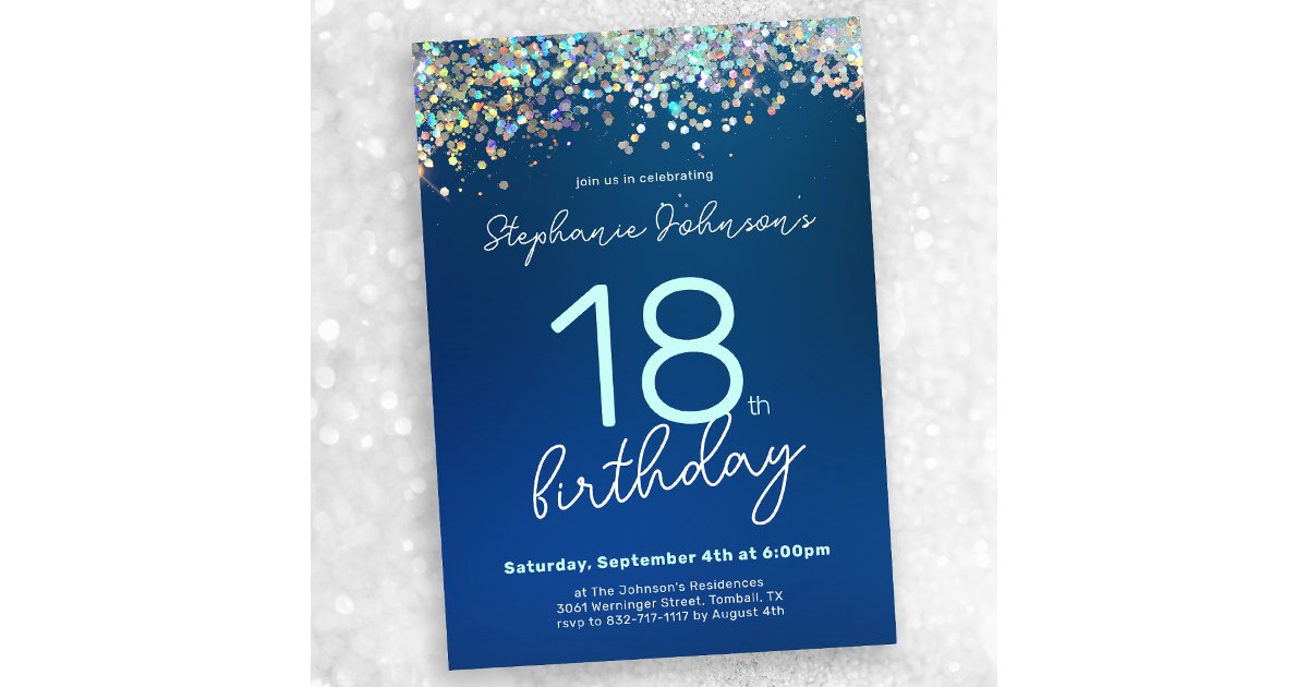 Chic Blue Glitter 18th Birthday Party Invitation | Zazzle