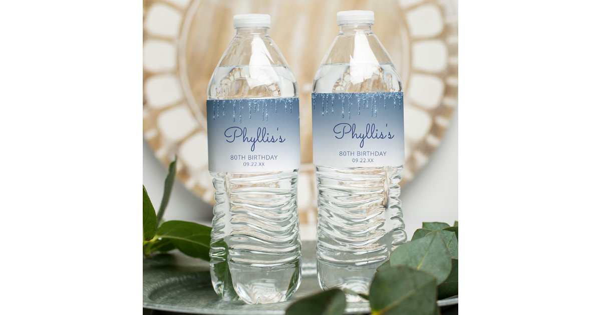 Chic Blue Glitter Drip 80th Birthday Party Water Bottle Label | Zazzle