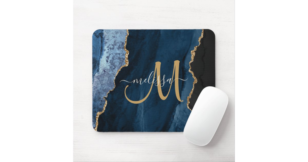 Chic Blue Gold Agate Script Monogram Custom Mouse Pad | Zazzle