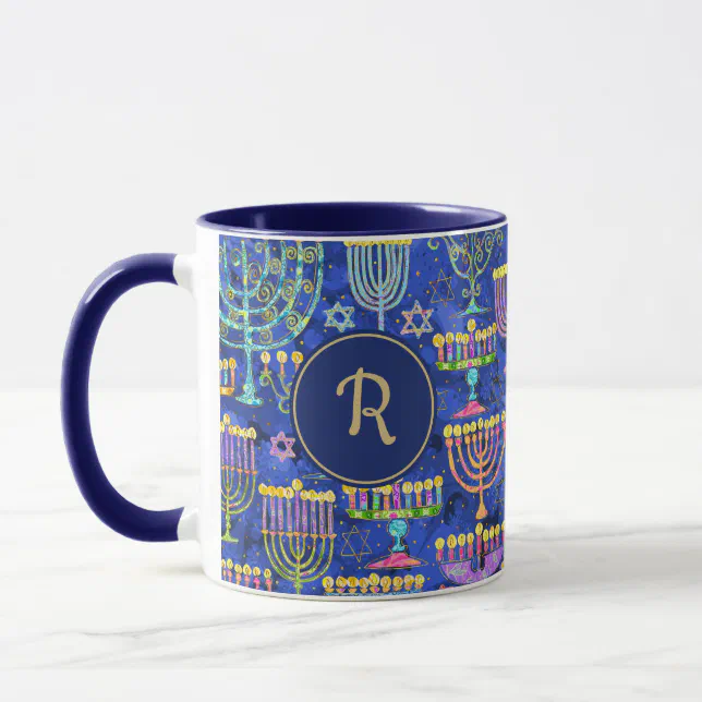 Chic Blue Gold Menorah Star of David Hanukkah Mug | Zazzle