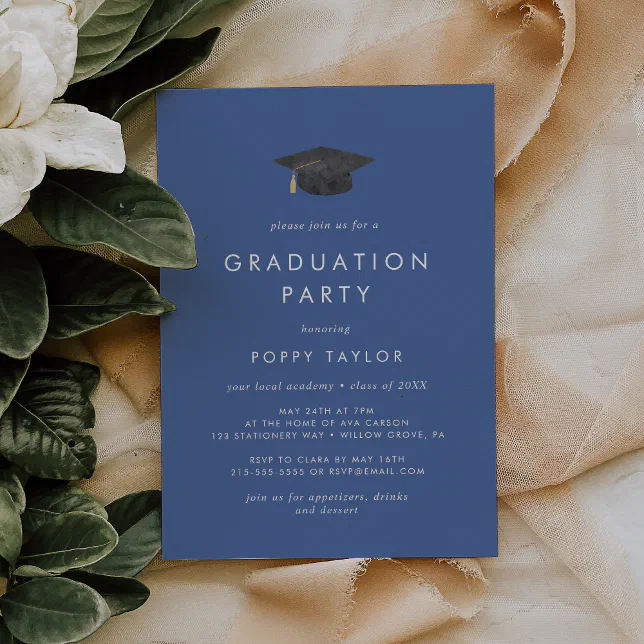 Chic Blue Grad Cap Graduation Party Invitation | Zazzle