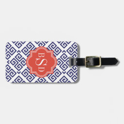 Chic blue greek key geometric patterns monogram luggage tag | Zazzle