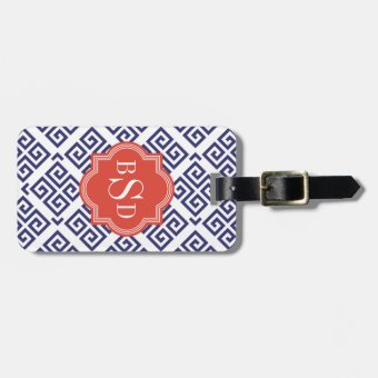 Chic blue greek key geometric patterns monogram luggage tag | Zazzle