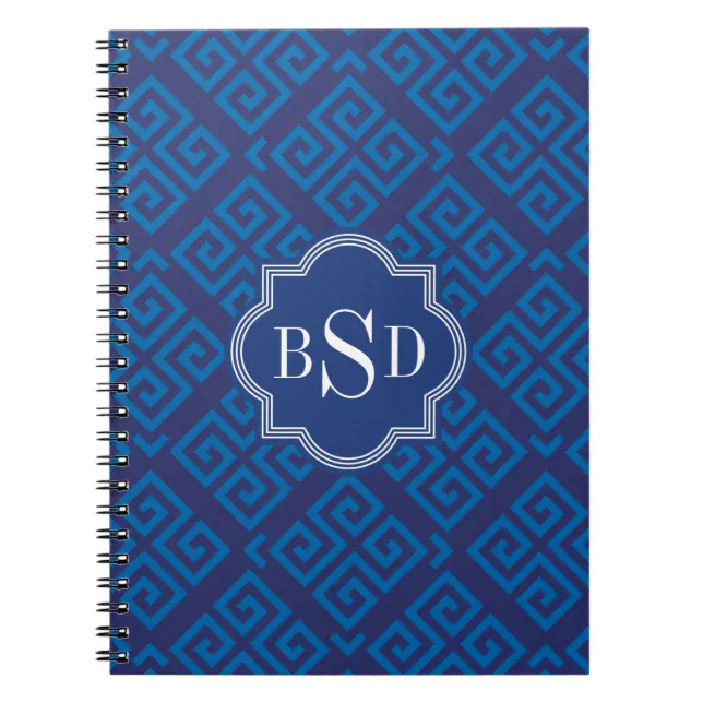 Chic blue greek key geometric patterns monogram notebook | Zazzle