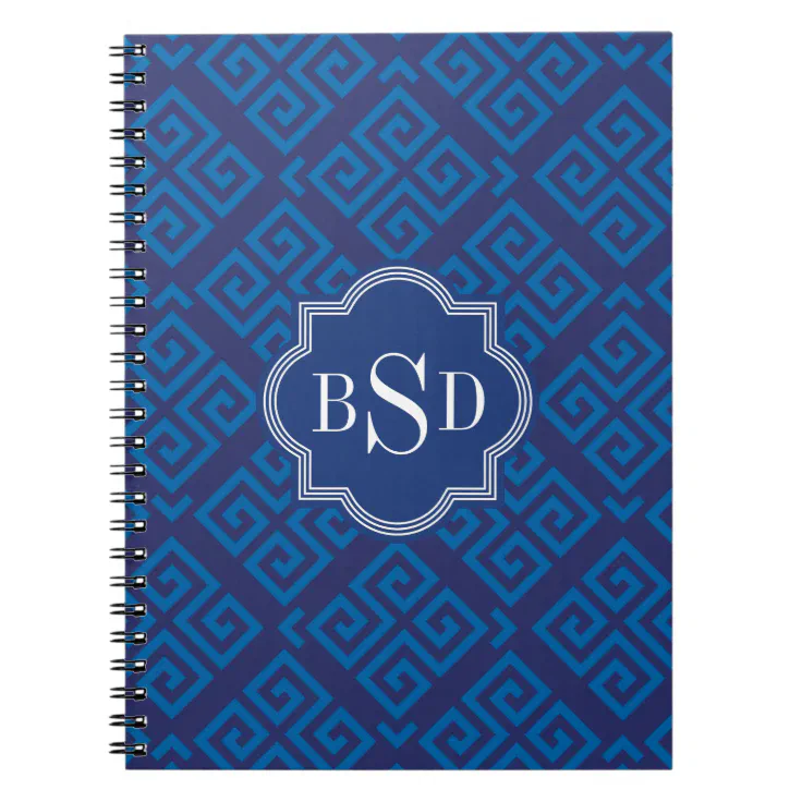 Chic blue greek key geometric patterns monogram notebook | Zazzle