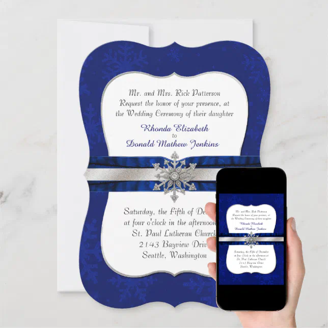 Chic Blue Jeweled Snowflake Wedding Invitation | Zazzle
