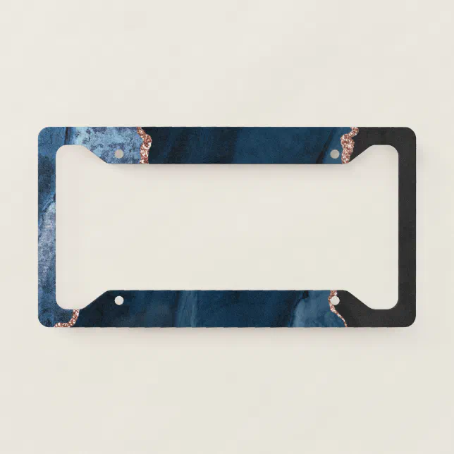 Chic Blue Rose Gold Glitter Agate License Plate Frame | Zazzle