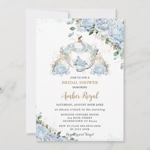 Chic Blue Roses Princess Carriage Bridal Shower Invitation | Zazzle