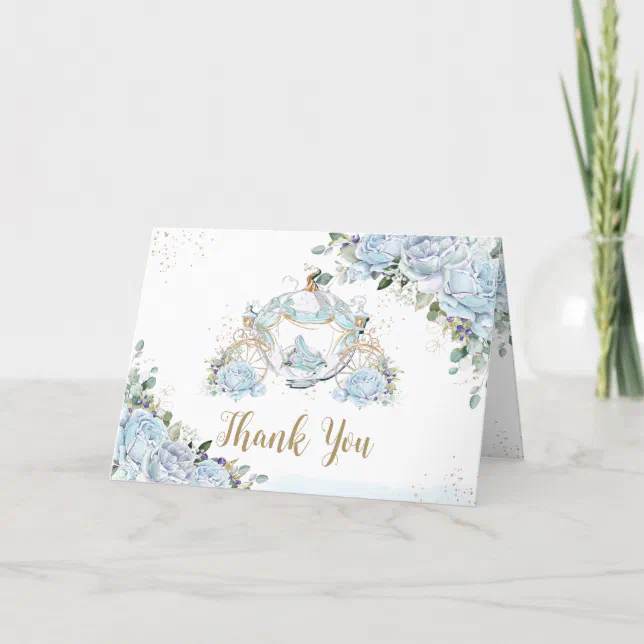 Chic Blue Roses Princess Carriage Bridal Shower Thank You Card | Zazzle