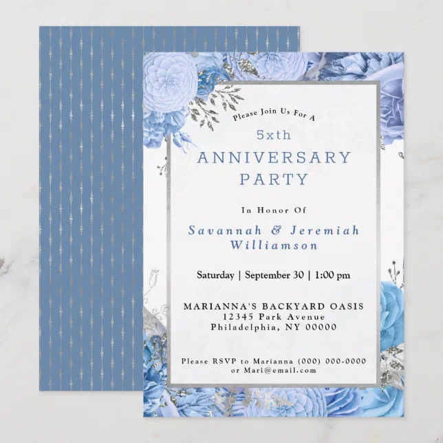 Chic Blue Silver Floral Customizable Anniversary Invitation | Zazzle
