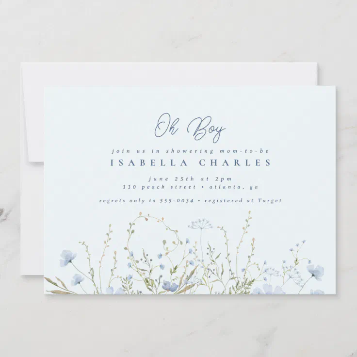 Chic Blue Sky Wildflowers Boy Baby Shower Invitation | Zazzle