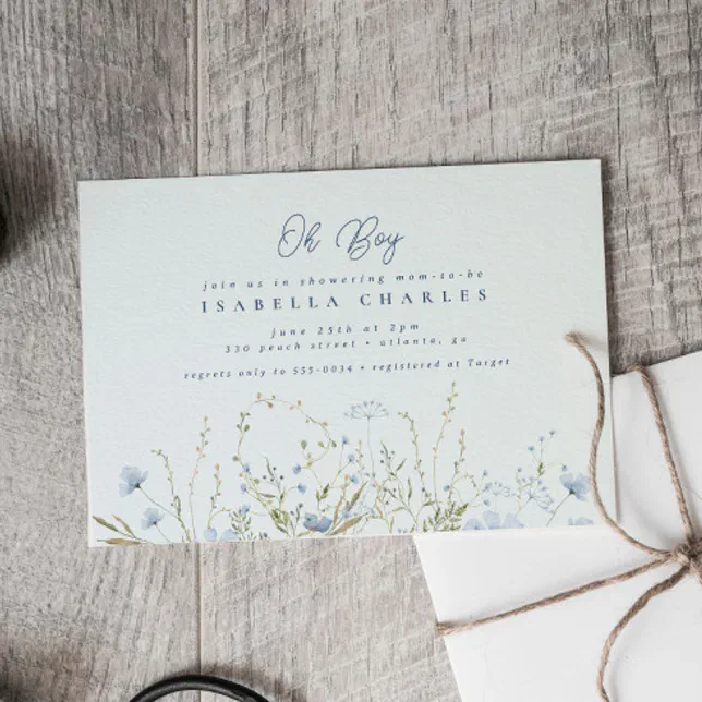 Chic Blue Sky Wildflowers Boy Baby Shower Invitation | Zazzle