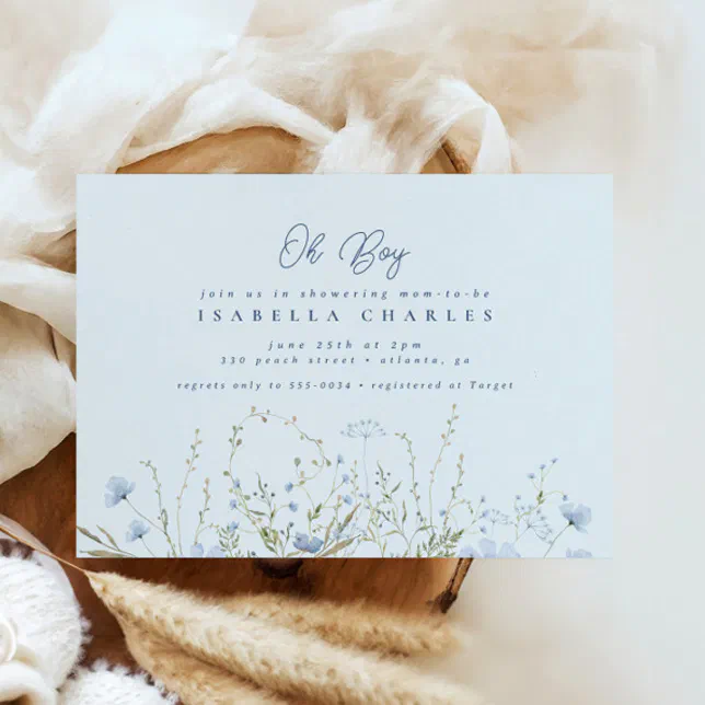 Chic Blue Sky Wildflowers Boy Baby Shower Invitation | Zazzle