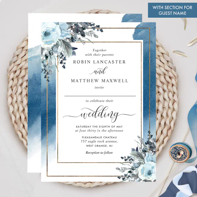 Chic Blue Watercolor and Floral Guest Name Wedding Invitation | Zazzle