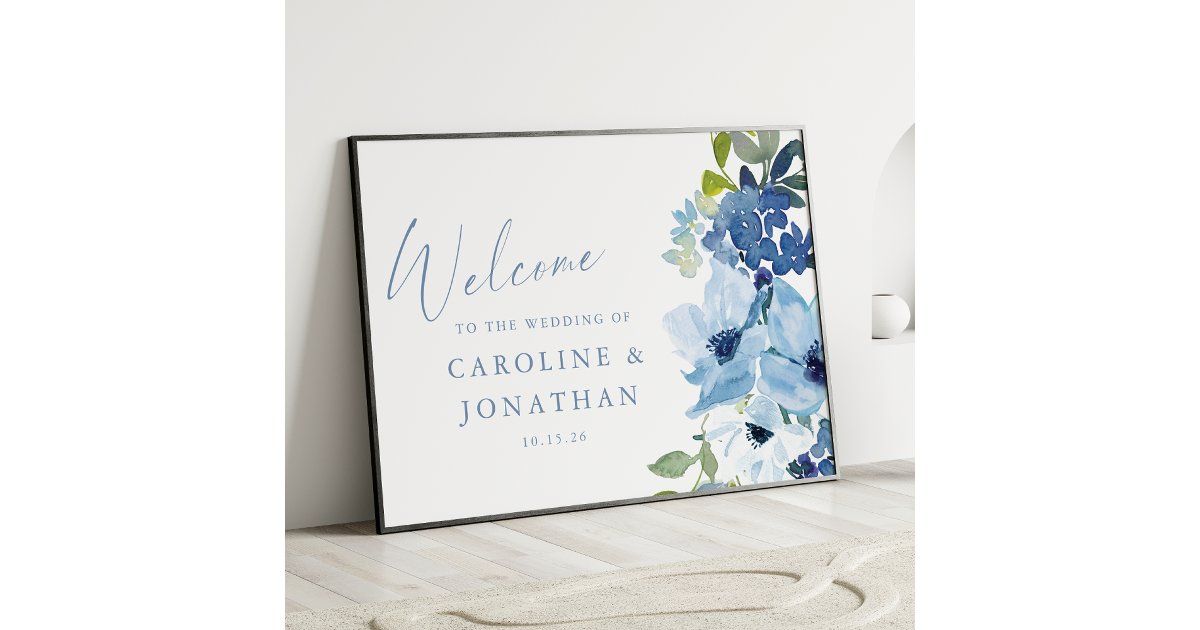 Chic Blue Watercolor Floral Custom Wedding Welcome Poster | Zazzle