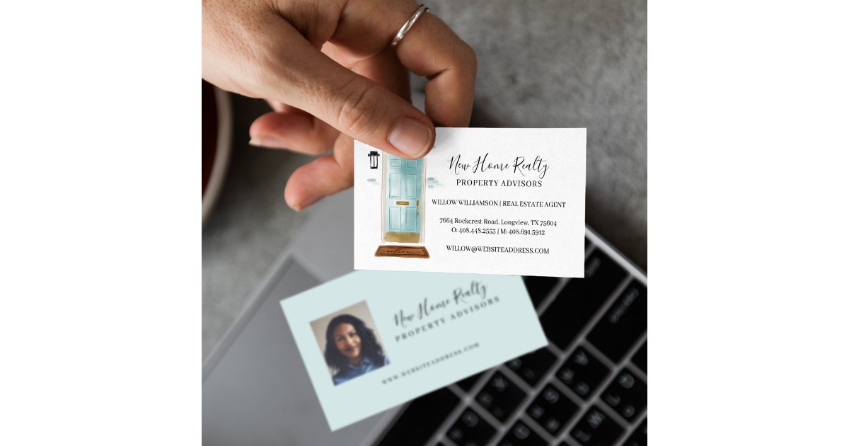 Chic Blue Watercolor Front Door Real Estate Photo Business Card | Zazzle