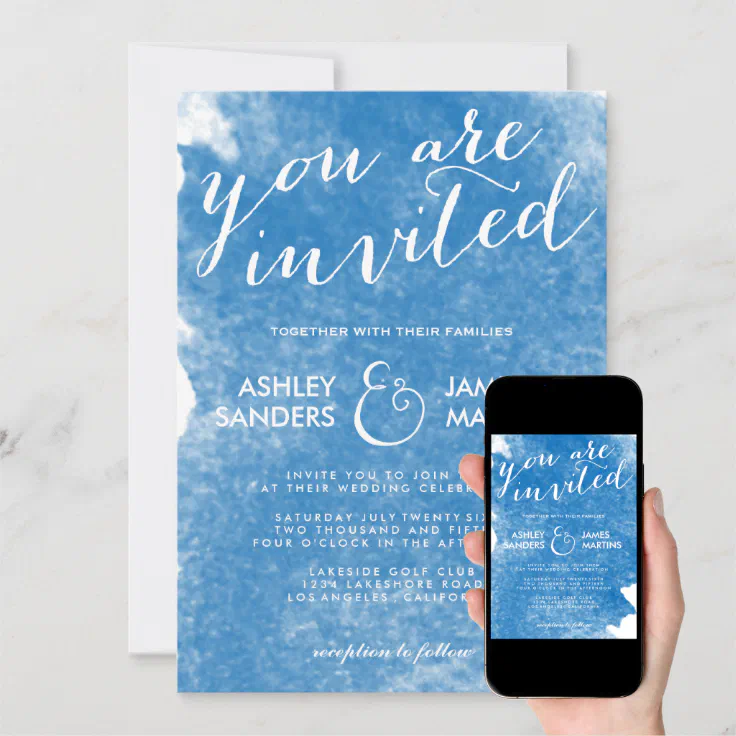 CHIC BLUE WATERCOLOR WEDDING INVITATION | Zazzle