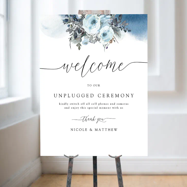 Chic, Blue Wedding Unplugged Ceremony Welcome Sign | Zazzle
