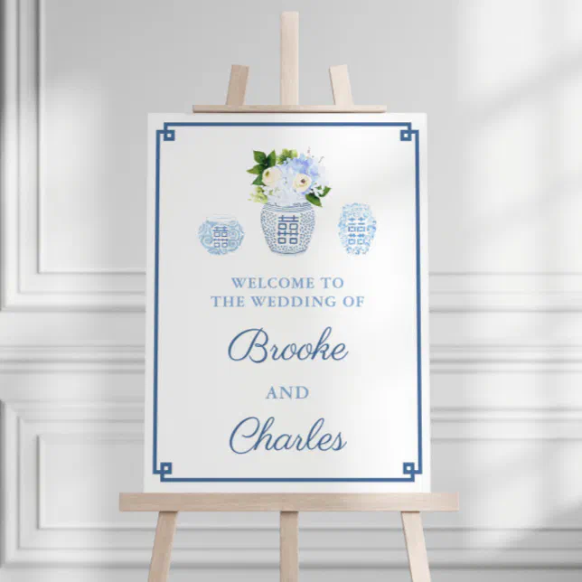 Chic Blue White Ginger Jar Wedding Welcome Sign | Zazzle