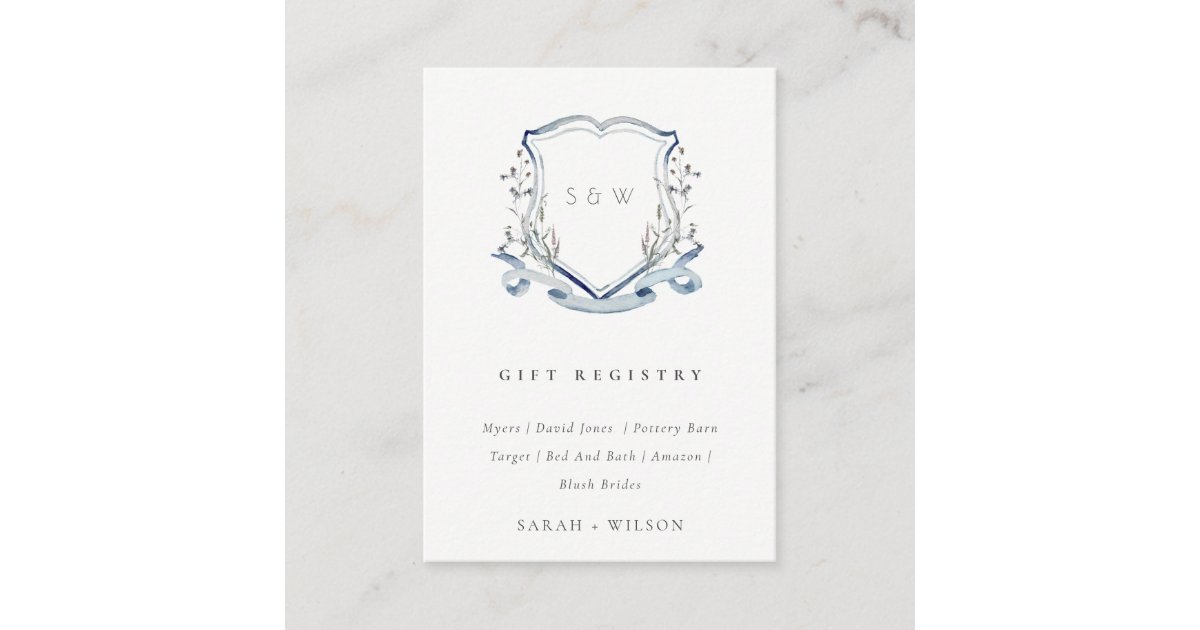 Chic Blue Wildflower Crest Wedding Gift Registry Enclosure Card | Zazzle