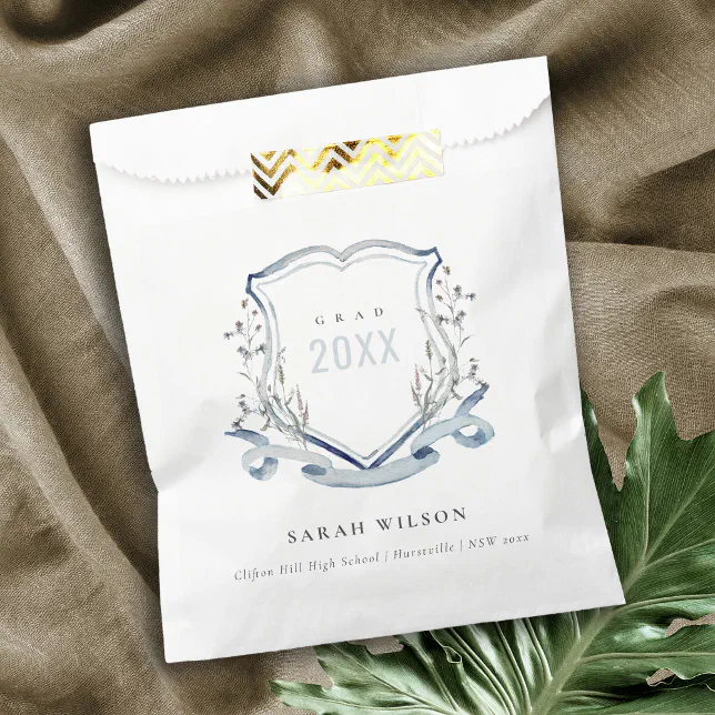 Chic Blue Wildflower Watercolor Crest Graduation Favor Bag | Zazzle