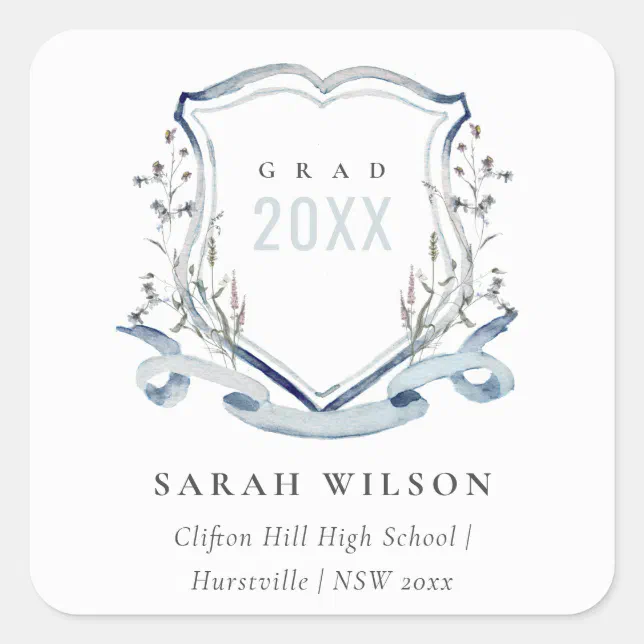 Chic Blue Wildflower Watercolor Crest Graduation Square Sticker | Zazzle