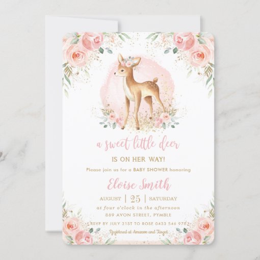 Chic Blush Floral Baby Deer Fawn Girl Baby Shower Invitation | Zazzle