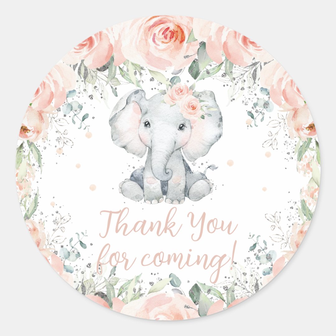 Chic Blush Floral Elephant Birthday Baby Shower Classic Round Sticker ...