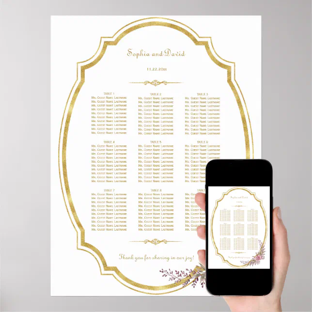 Chic Blush Floral Gold Frame Seating Chart | Zazzle