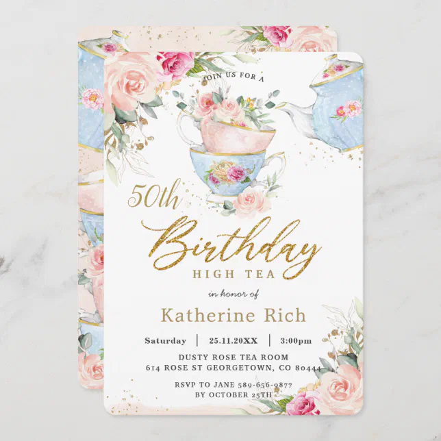 Chic Blush Floral High Tea Birthday Party ANY AGE Invitation | Zazzle