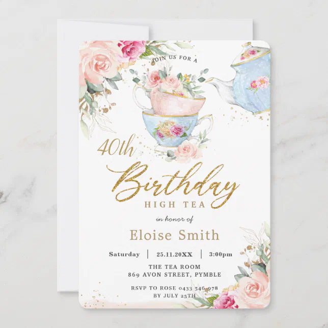 Chic Blush Floral High Tea Birthday Party ANY AGE Invitation | Zazzle