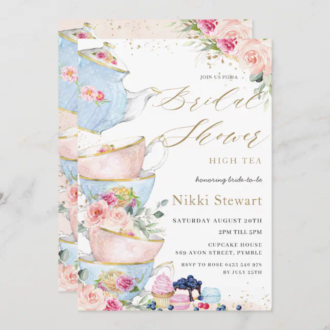 Chic Blush Floral High Tea Party Bridal Shower Invitation | Zazzle