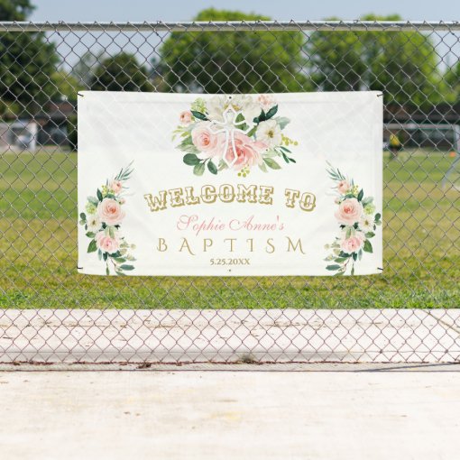Chic Blush Flowers Girl Baptism Cross Welcome Sign | Zazzle