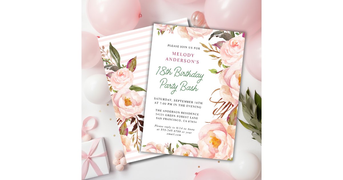 Chic Blush Pink Floral Birthday Bash Invitation | Zazzle
