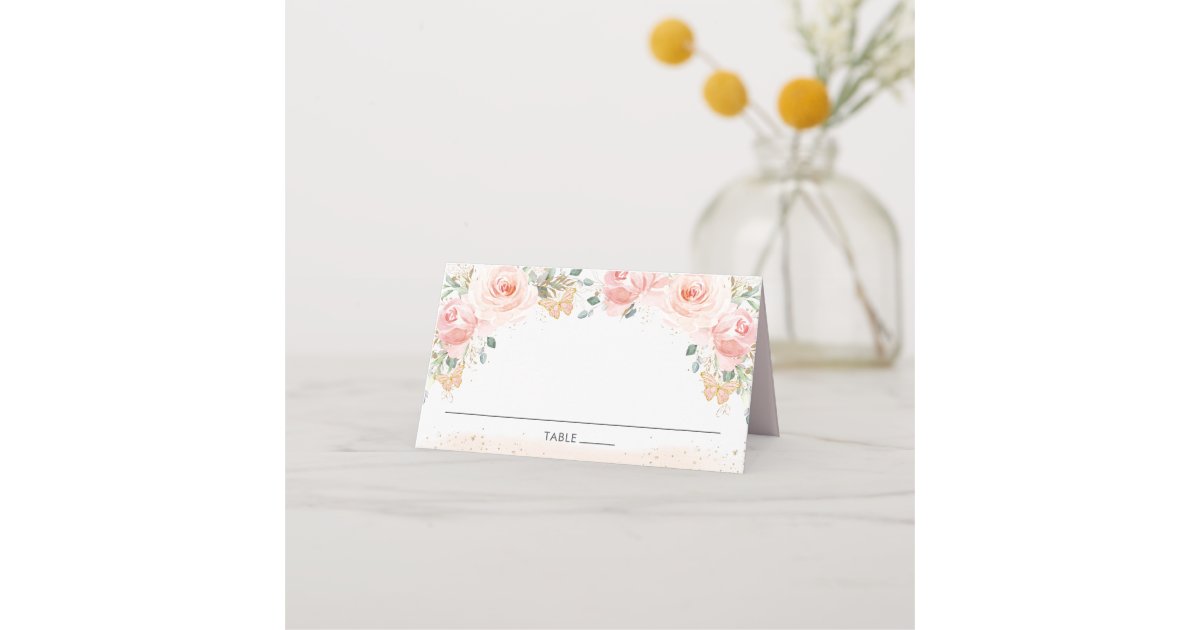 Chic Blush Pink Floral Butterflies Guest Name Plac Place Card | Zazzle