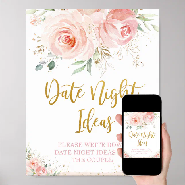 Chic Blush Pink Floral Gold Date Night Ideas Sign | Zazzle