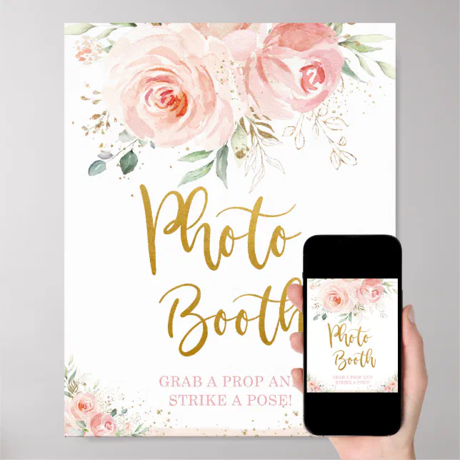 Chic Blush Pink Floral Gold Foliage Photo Booth Poster | Zazzle