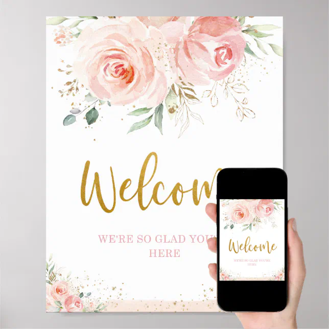 Chic Blush Pink Floral Greenery Gold Welcome Sign | Zazzle