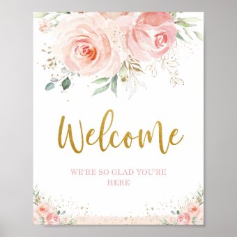 Chic Blush Pink Floral Greenery Gold Welcome Sign | Zazzle