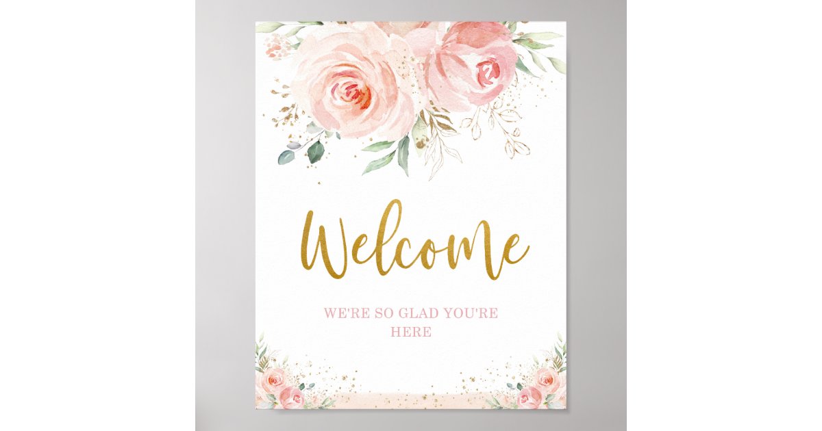 Chic Blush Pink Floral Greenery Gold Welcome Sign | Zazzle